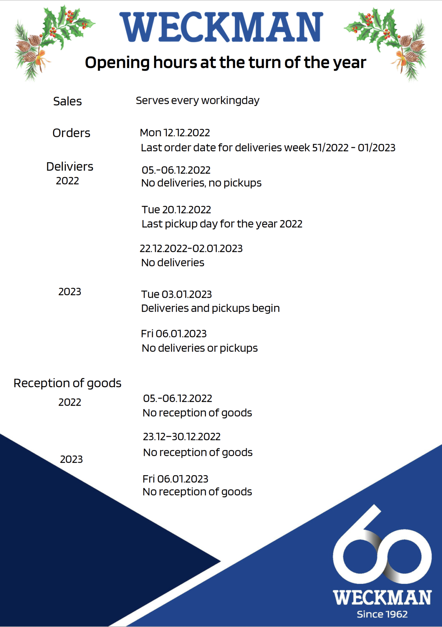 Opening hours at the turn of the year - Weckman