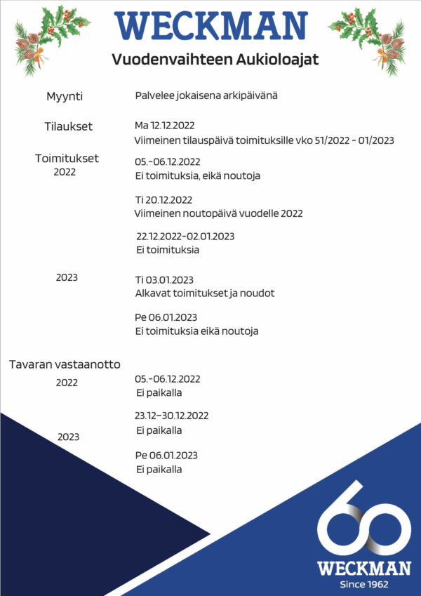 Vuodenvaihteen aukioloajat - Weckman